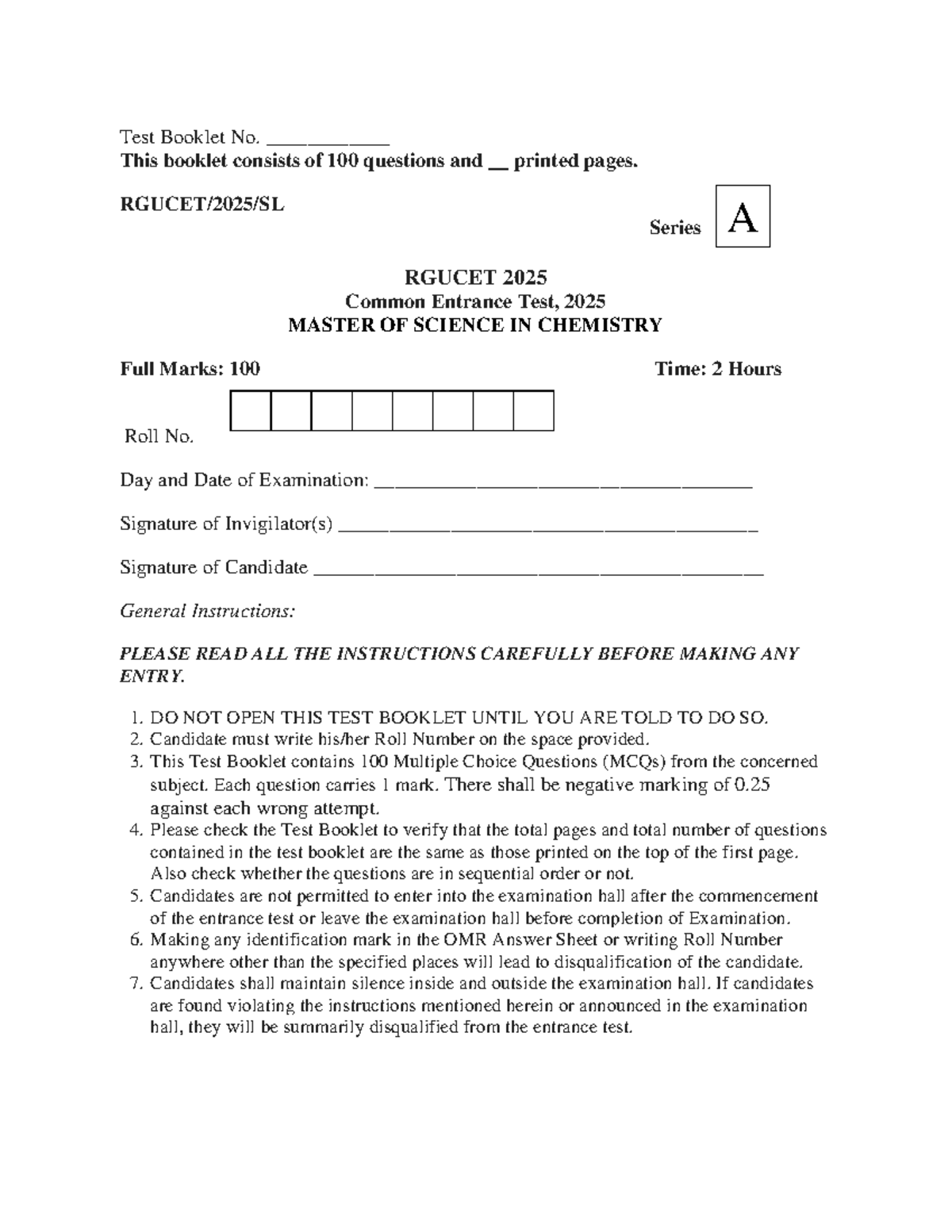 24 M SC Chemistry Series A Common Entrance Test Question Booklet - Studocu
