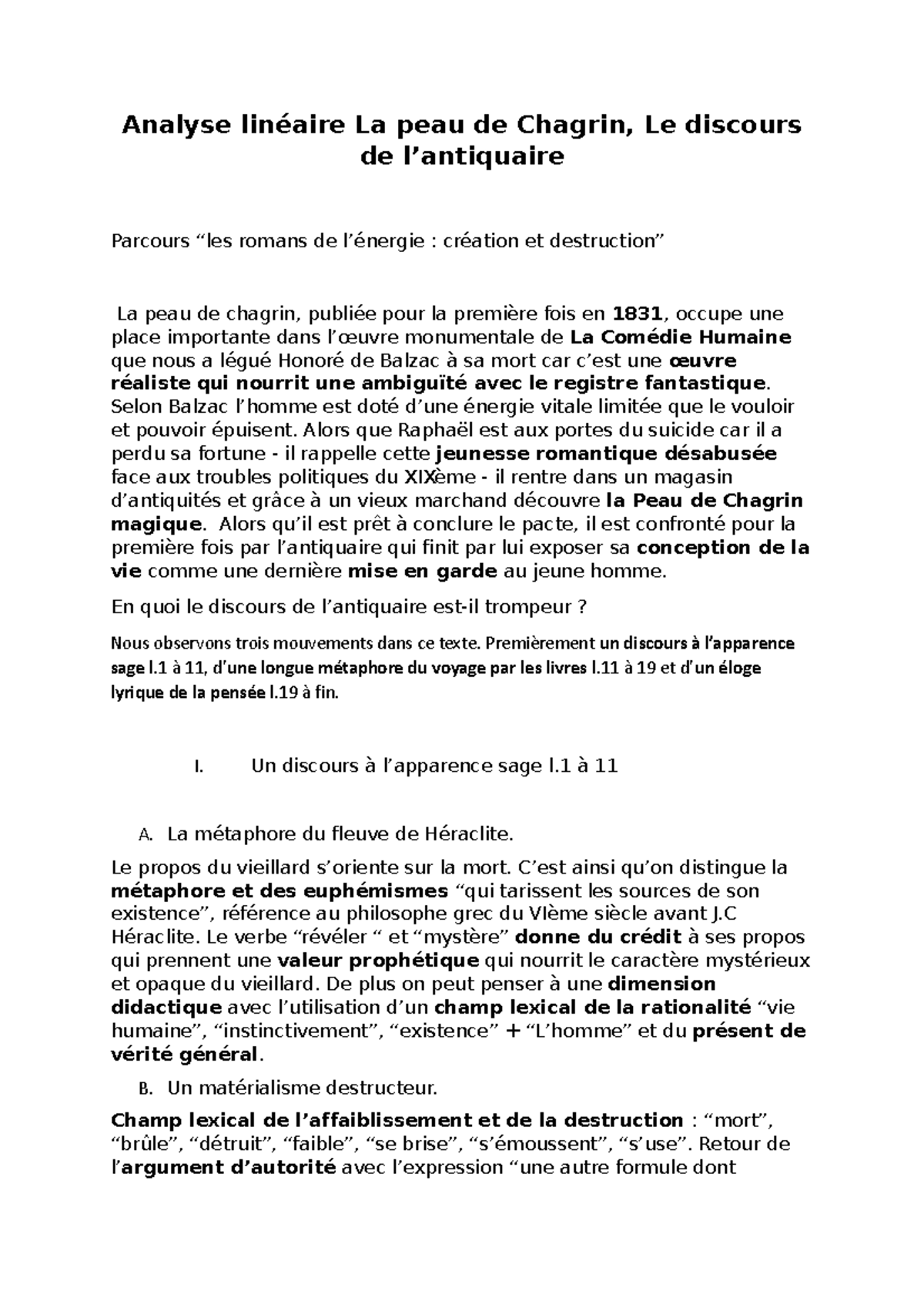 Fiche Bac L'antiquaire - Analyse linéaire La peau de Chagrin, Le discours de l’antiquaire ...