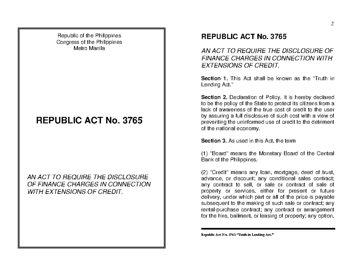 Republic Act No. 3765: Truth in Lending Act Overview and Provisions ...