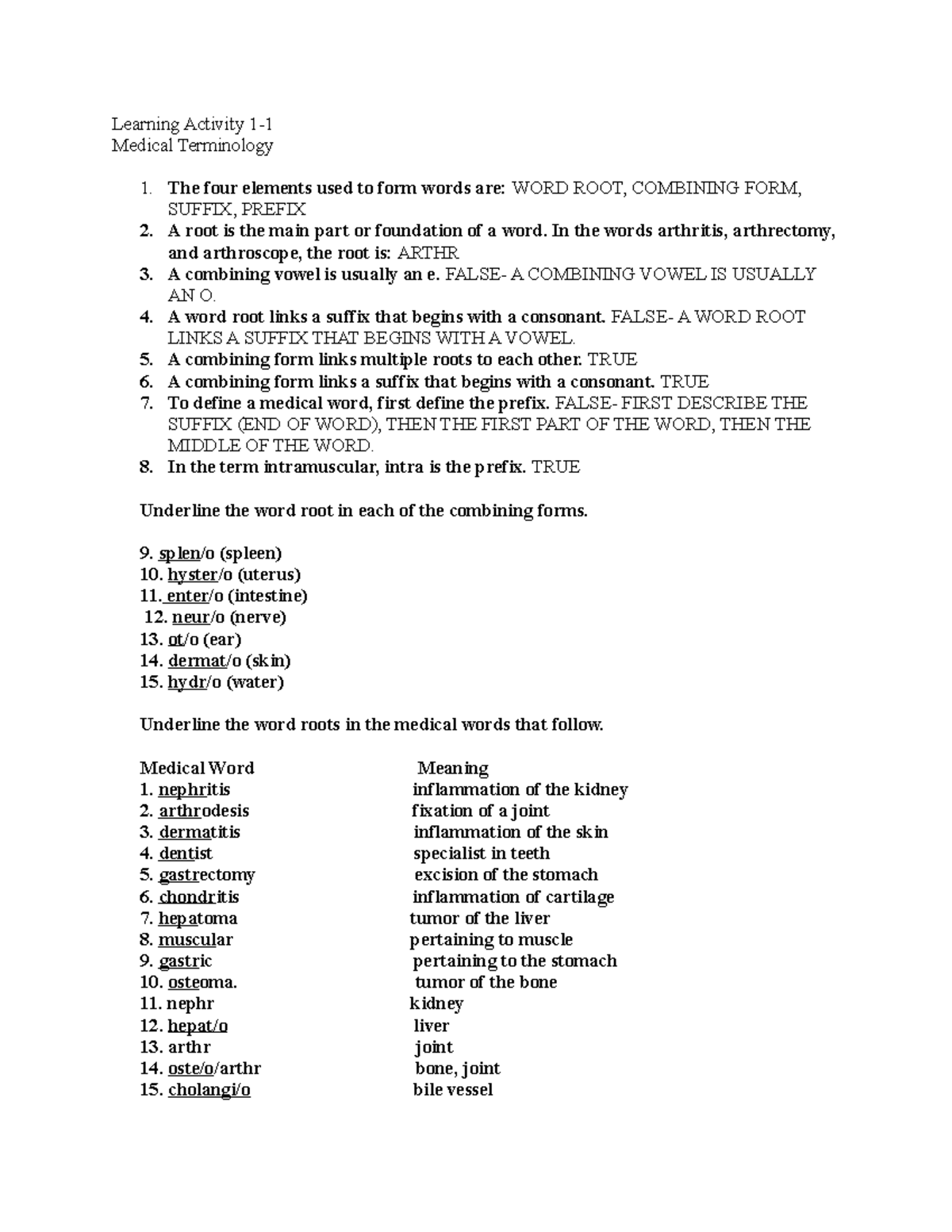 Medical Terminology Activities Sheets