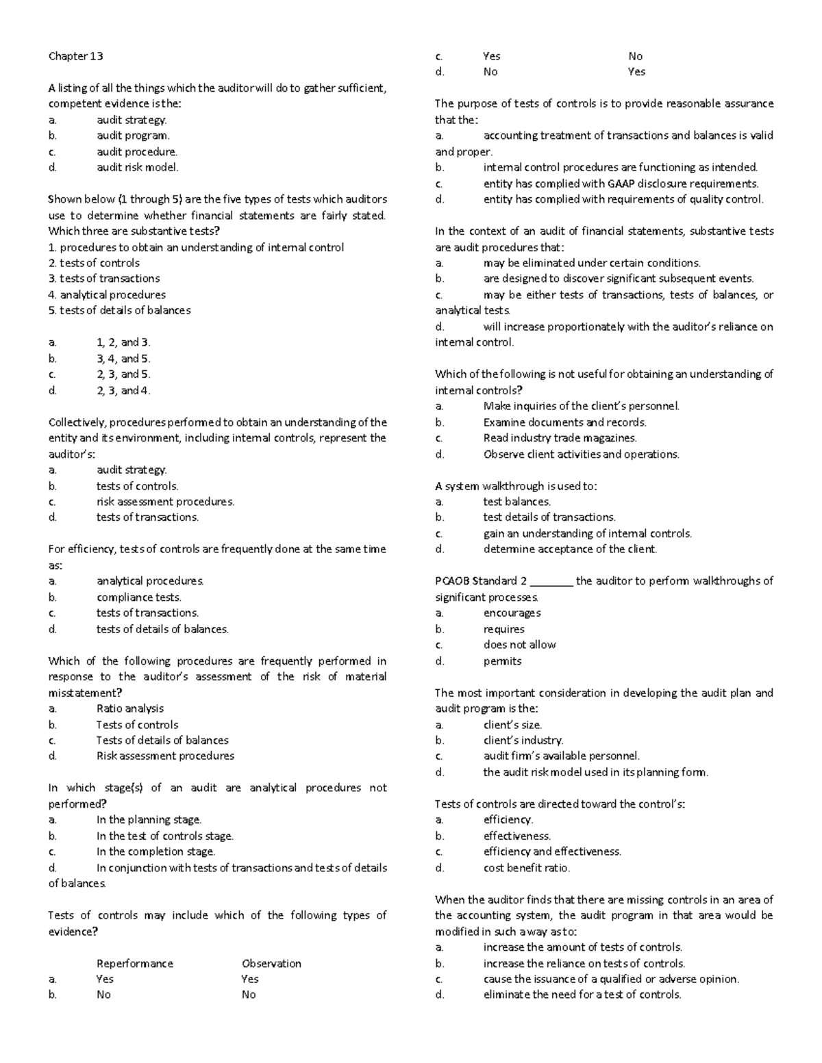 Chapter 13 - Questionnaires - Chapter 13 A listing of all the things which the auditor will do ...