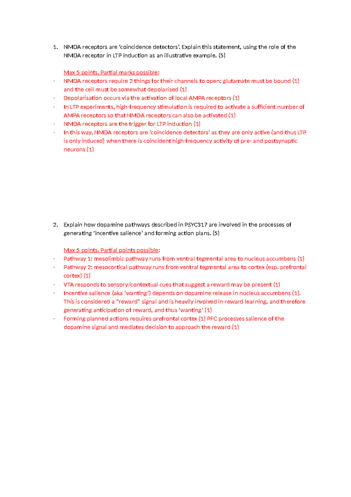 PSYC317 2024 Test 1 Example SAQs on NMDA Receptors & Dopamine Pathways ...