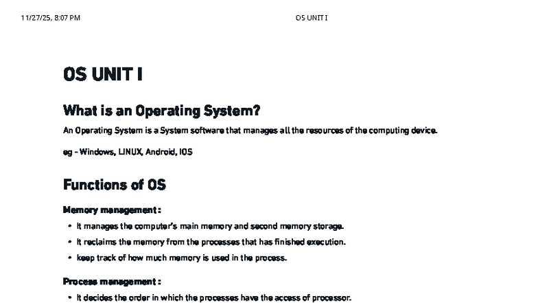 OS UNIT I: Overview of Operating Systems and Their Functions - Studocu