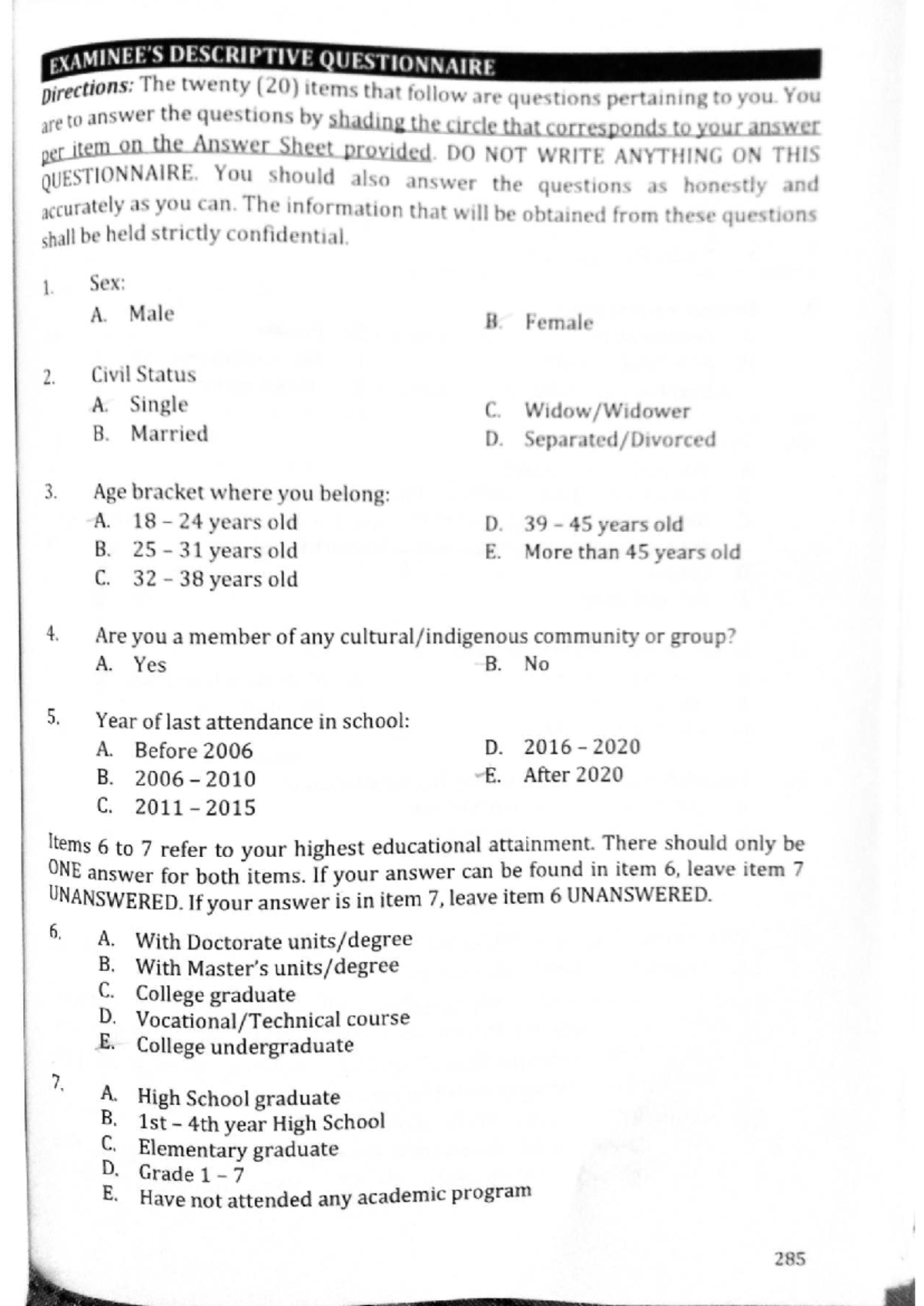 Practice Test and Answers for Descriptive Questionnaire - Studocu