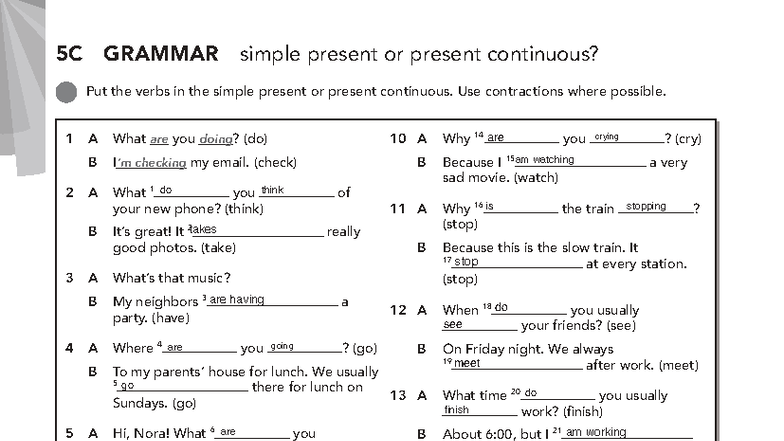 Grammar 5C: Simple Present vs Present Continuous Exercises - Studocu