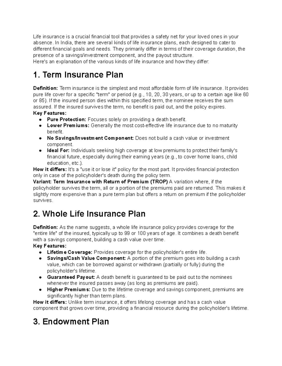 Types of Life Insurance Plans in India: A Comprehensive Guide - Studocu