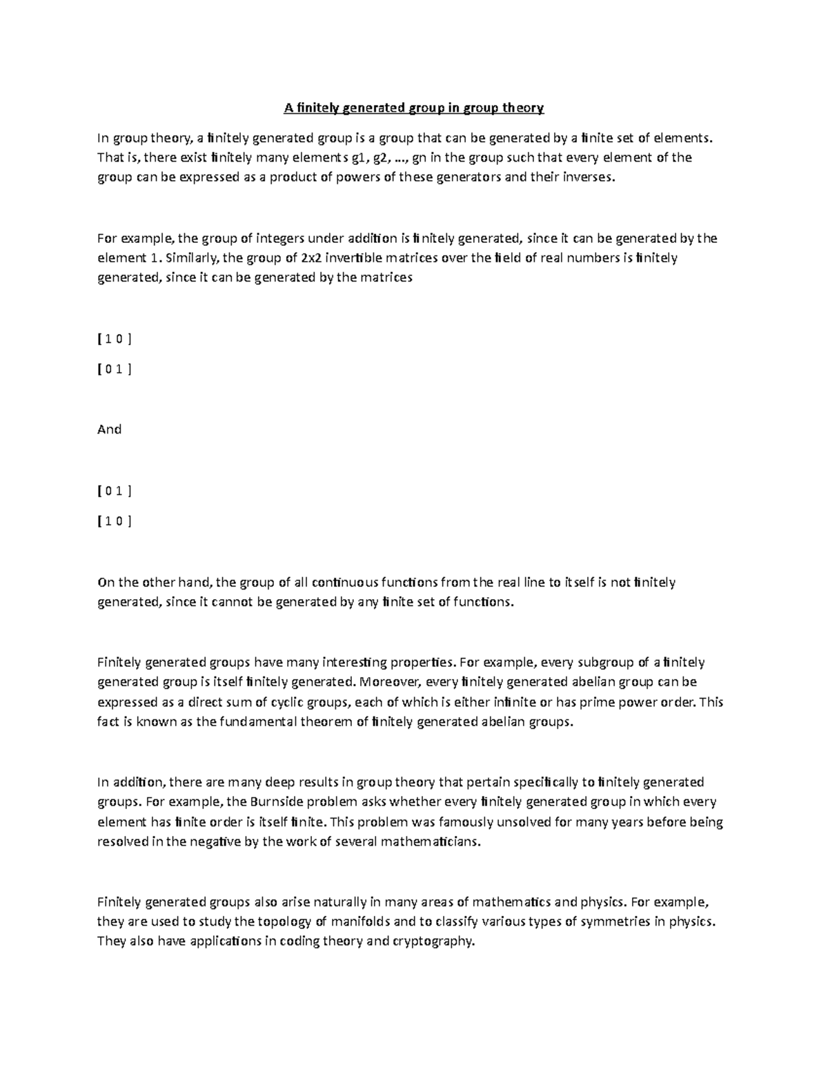 A Finitely Generated Group In Group Theory That Is There Exist Finitely Many Elements G1 G2
