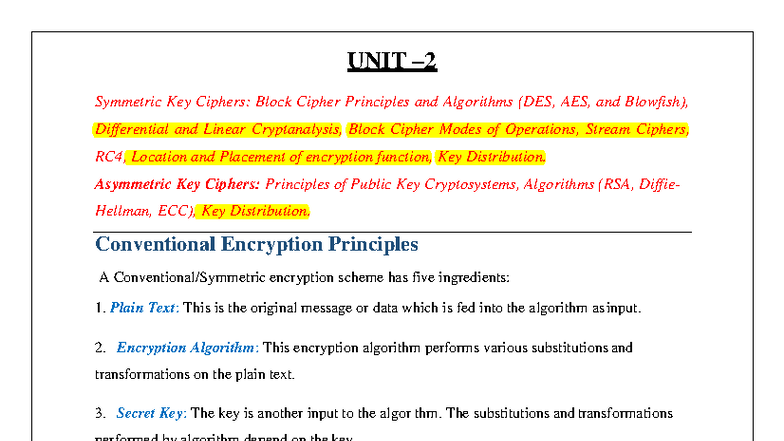 Unit 2 - CNS: Symmetric & Asymmetric Key Ciphers Overview - Studocu