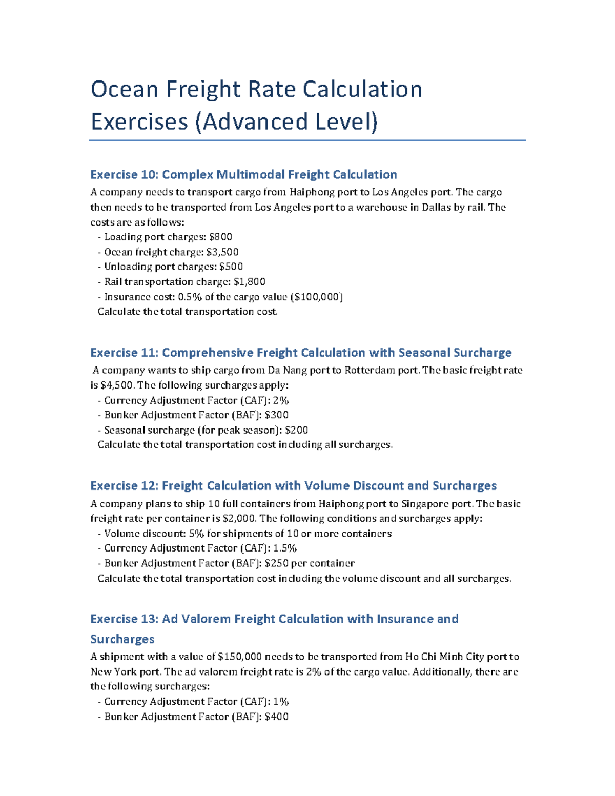 Advanced Exercises in Ocean Freight Rate Calculation (MAR 401) - Studocu