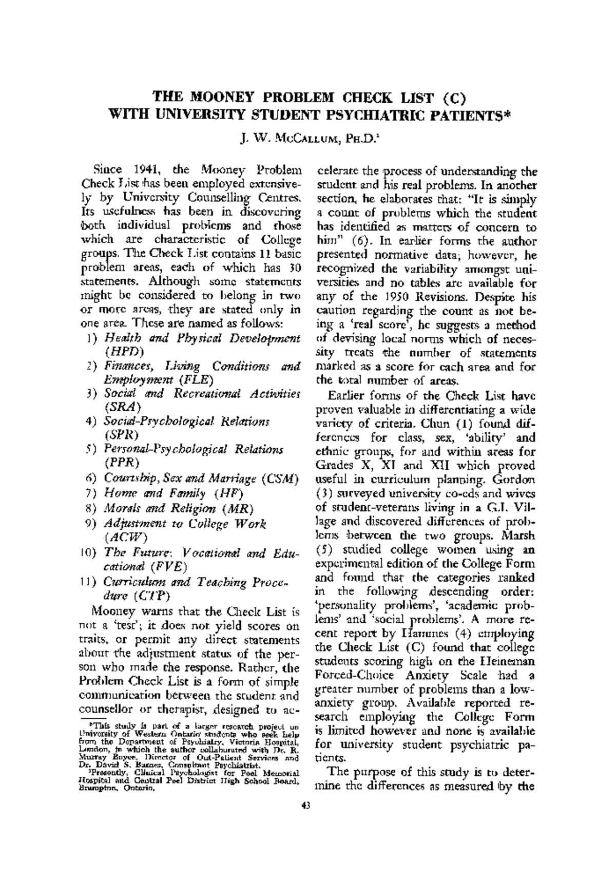 UWO 1966 Mooney Problem Check List (C) with Psychiatric Patients - Studocu
