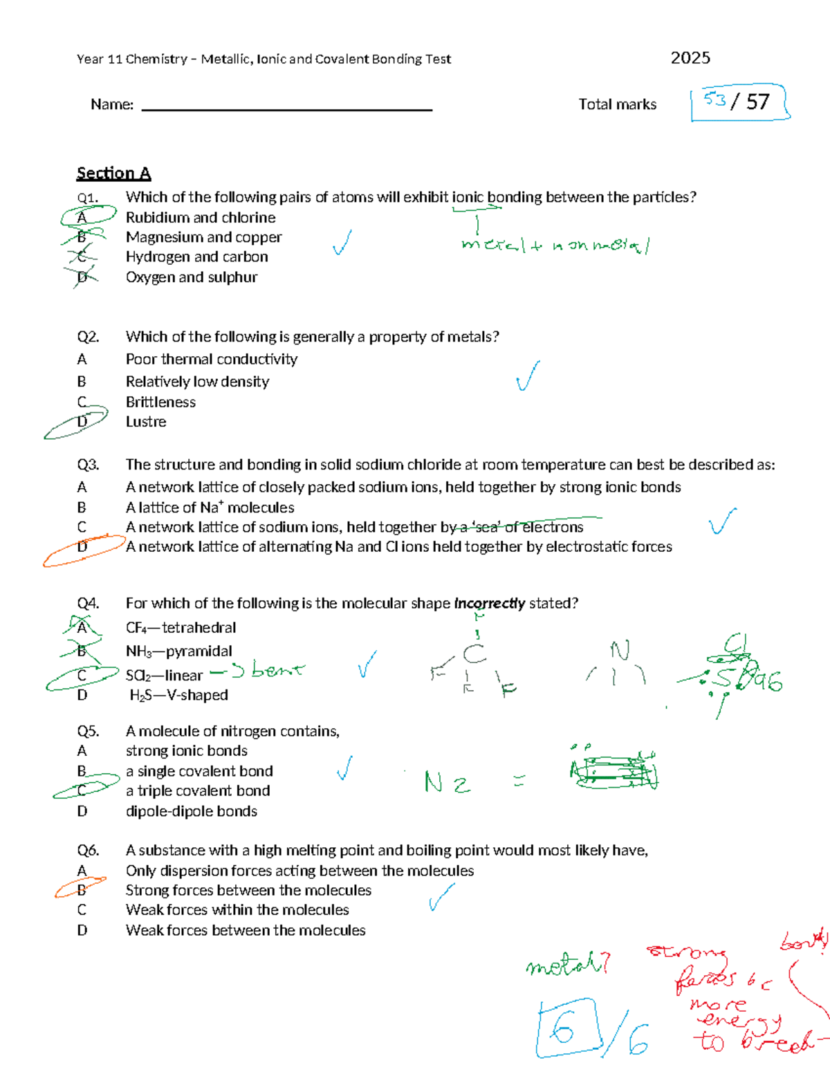 2025 Year 11 Chemistry Metallic, Ionic & Covalent Bonding Test - Studocu