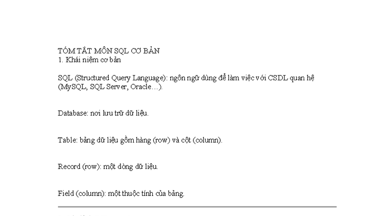 Tóm tắt SSMS Cơ bản - Tóm tắt SSMS Cơ bản - TÓM TẮT MÔN SQL CƠ BẢN Khái ...