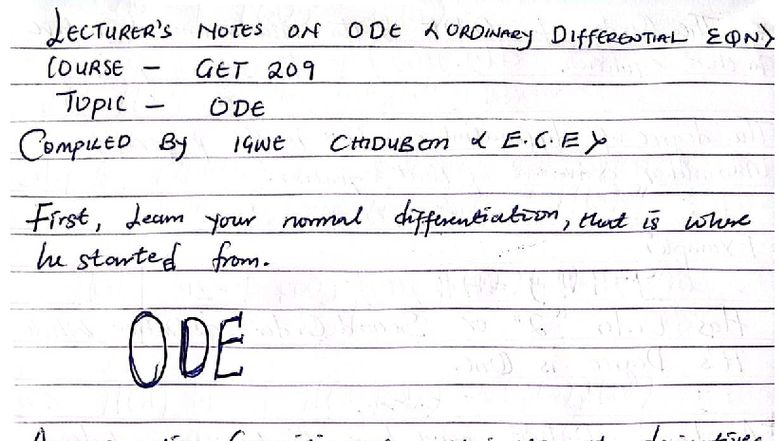 NOTES ON ODE (Ordinary Differential Equations) GET 209 - Studocu