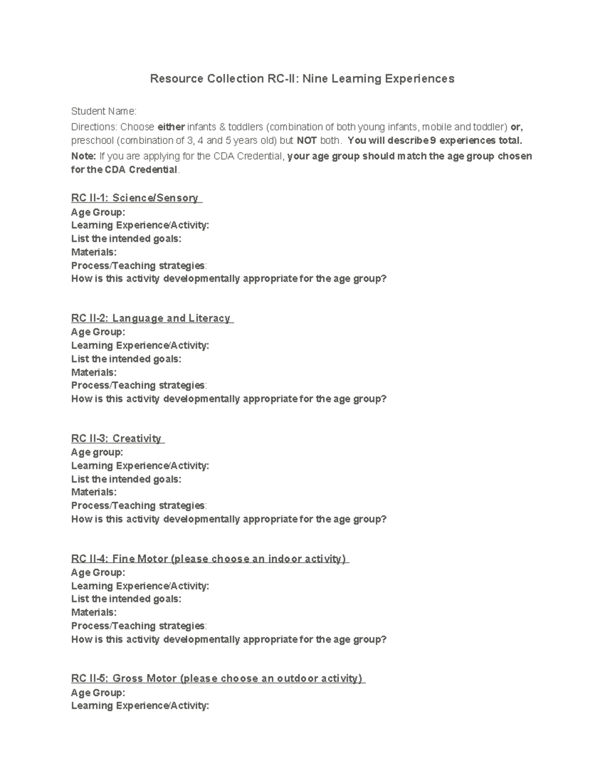 RC-II: Nine Learning Experiences for Child Development Activities - Studocu
