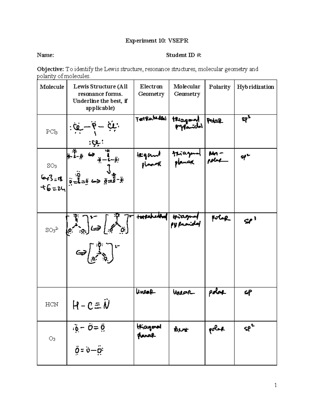 EXP11 - Vsepr - Lab report - 1 Experiment 10: VSEPR Name: Student ID #: Objective: To identify ...