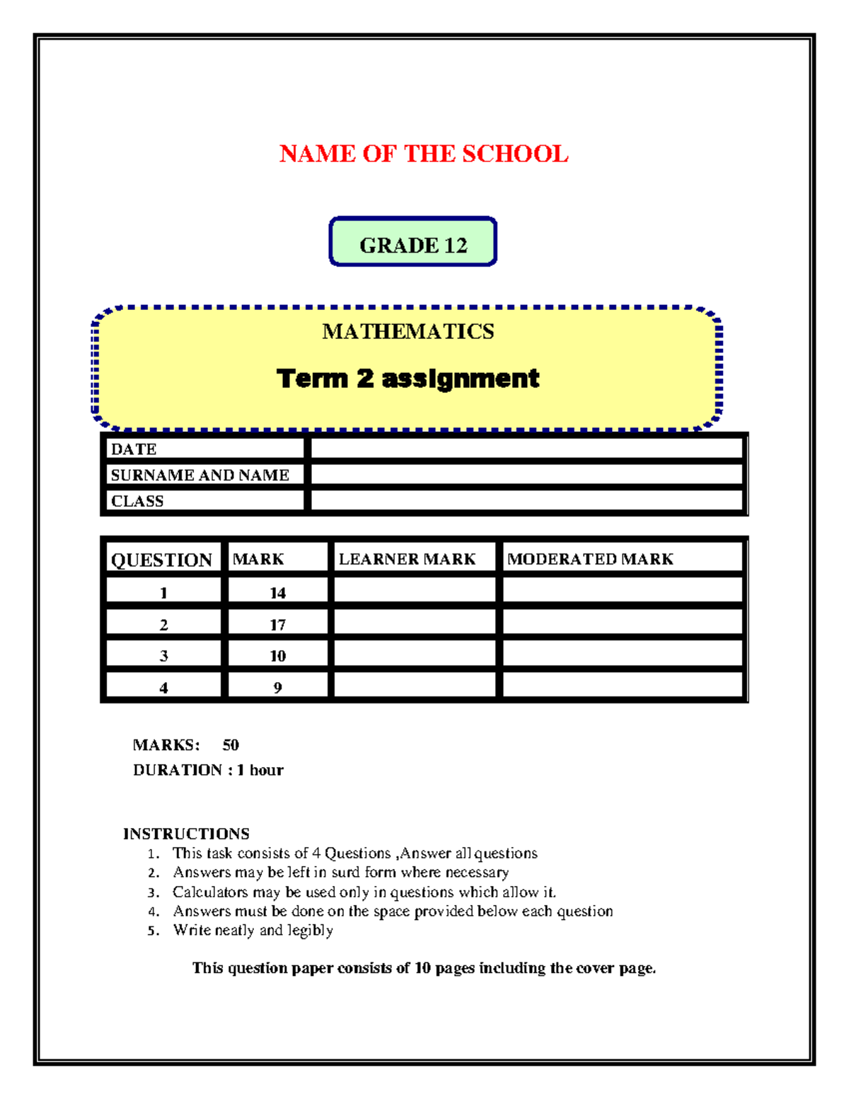 Grade 12 Mathematics Term 2 Assignment Notes and Solutions - Studocu