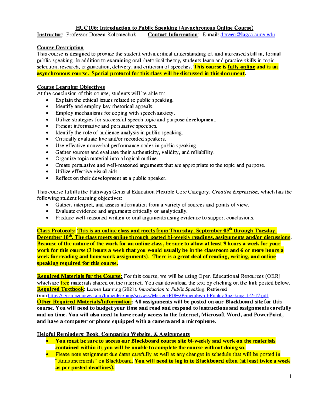 HUC.106.Online.Syllabus: Intro to Public Speaking Overview & Guidelines ...