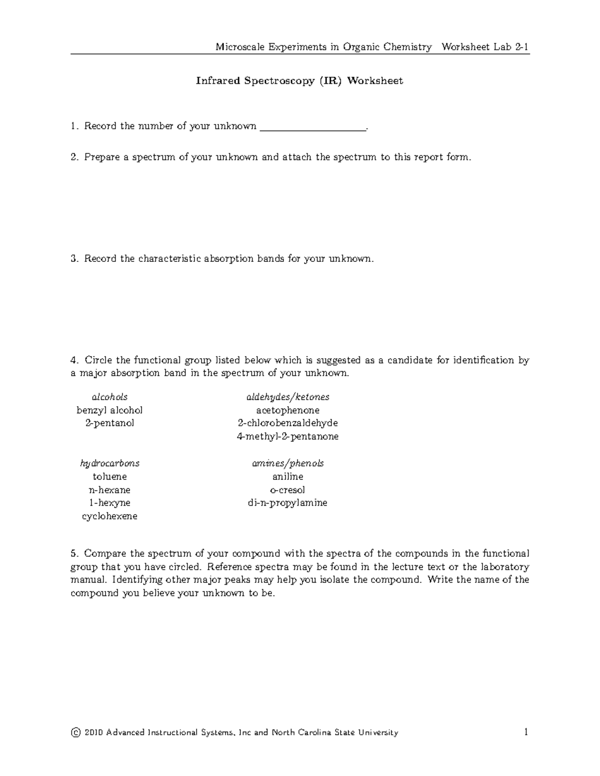 O Chem Lab Exp2 IR Worksheet - Identifying Unknown Compounds - Studocu