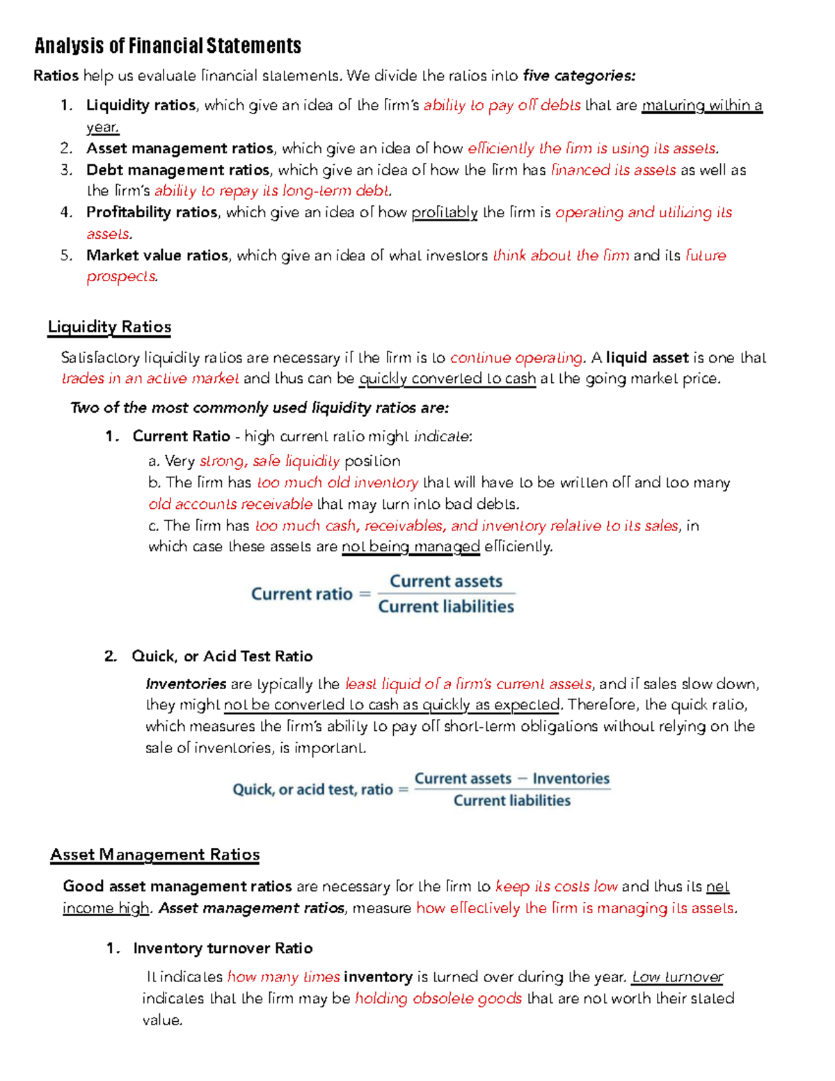 FM - Analysis of Financial Statements - Lecture Notes on Ratios - Studocu