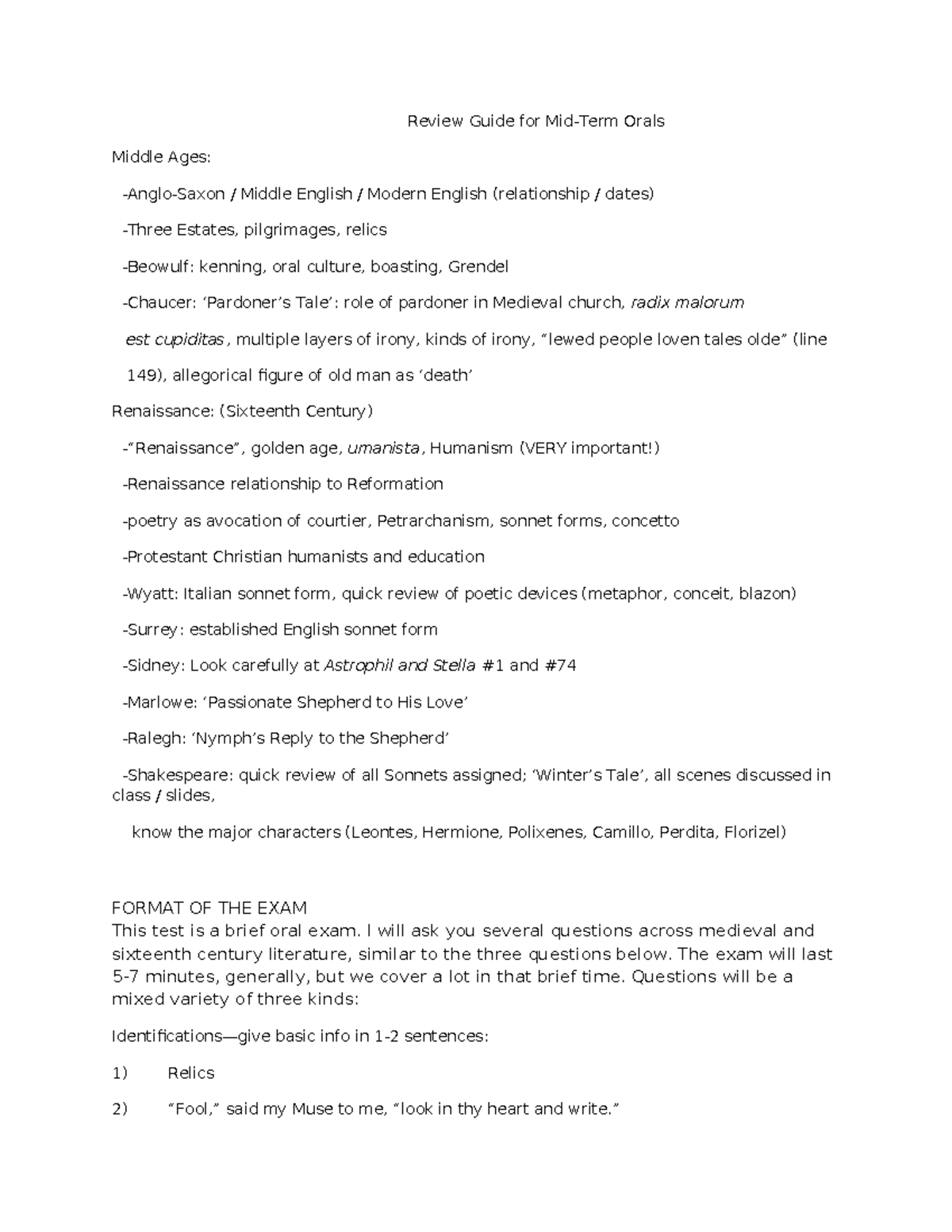 Mid-Term Oral Exam Review: Medieval & Renaissance Lit - Studocu