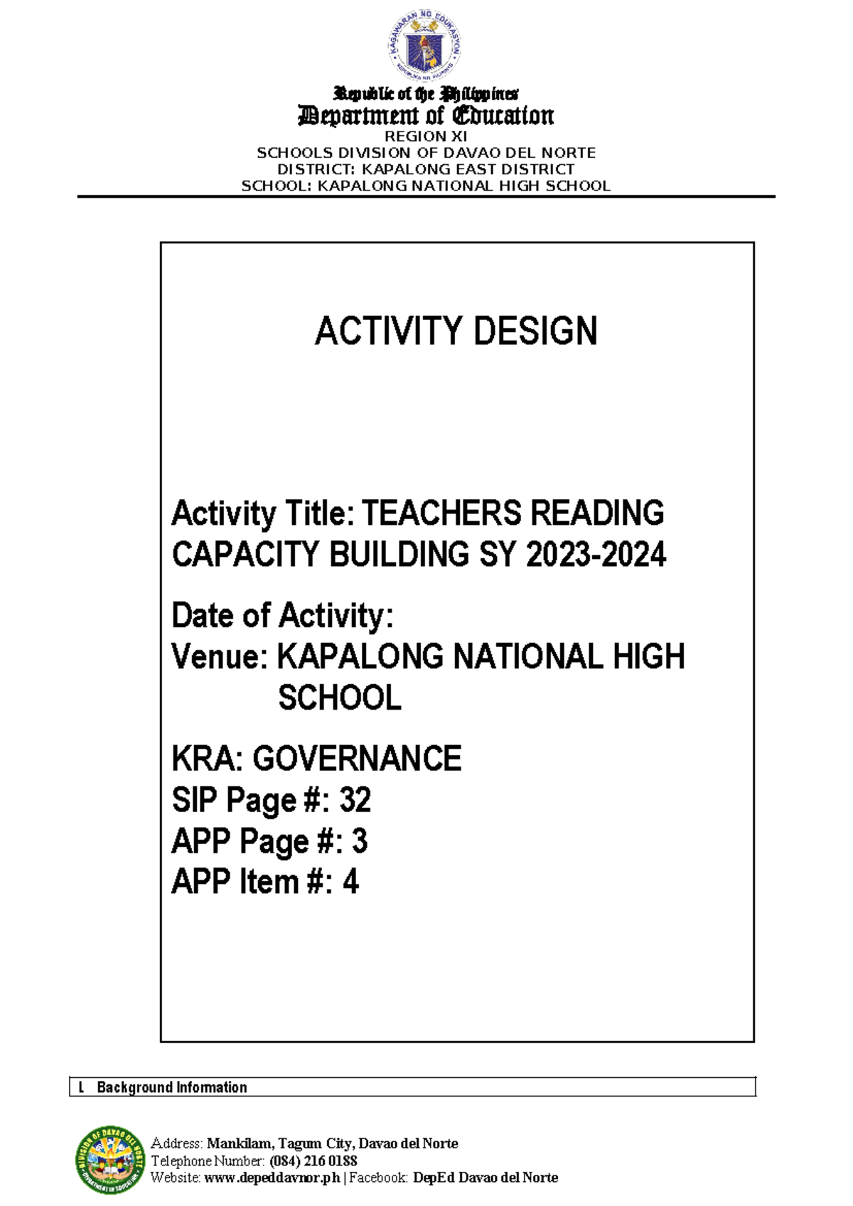 Activity Design- Capacity Building - FOR Teachers - Address: Mankilam ...