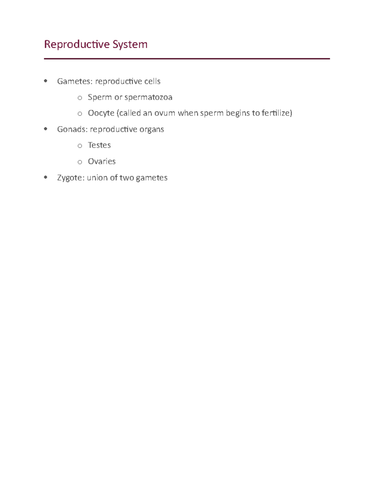 BIO Reproductive System Notes - Reproductive System Gametes ...