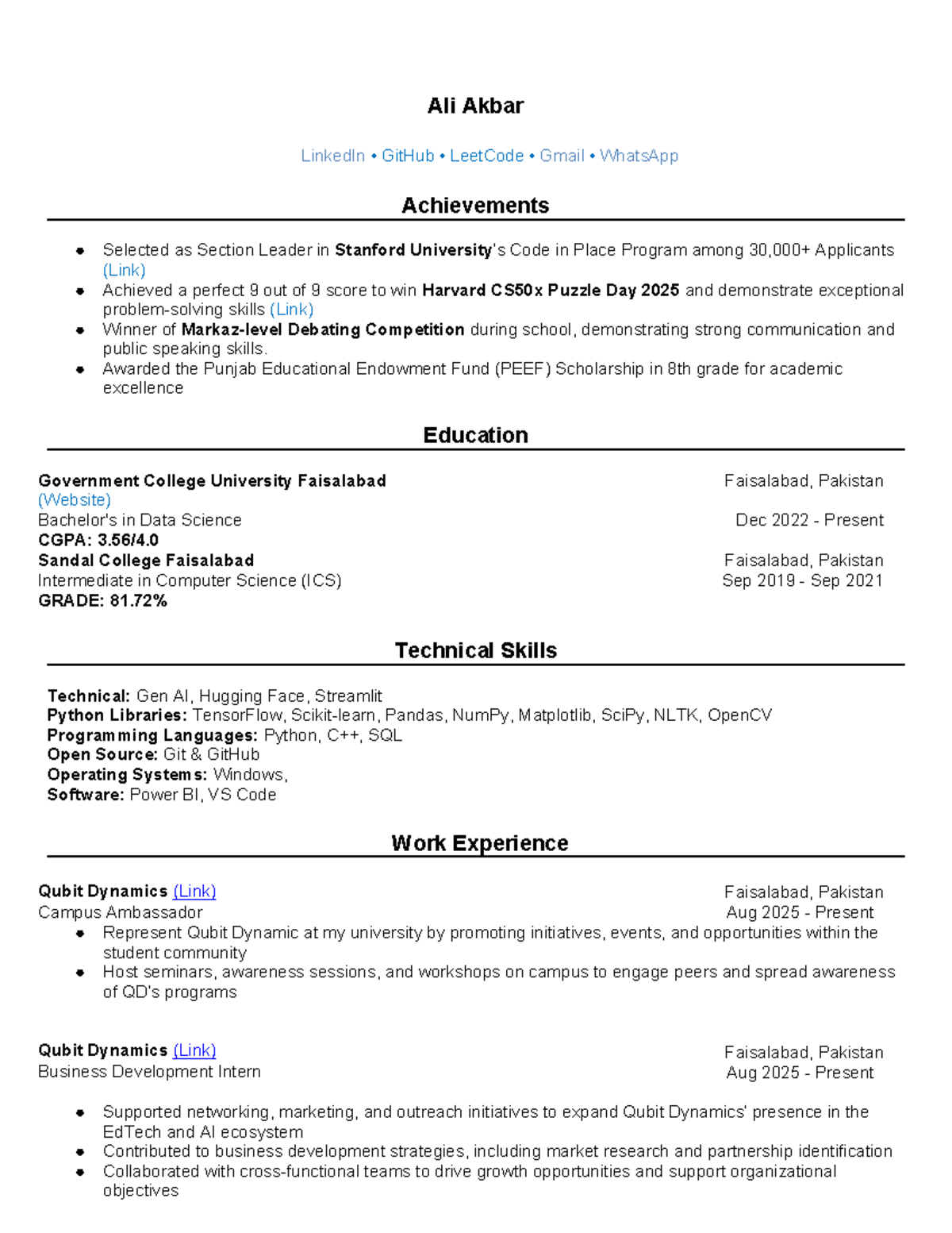 Ali Akbar Resume - Achievements & Skills Overview (aWSASD) - Studocu