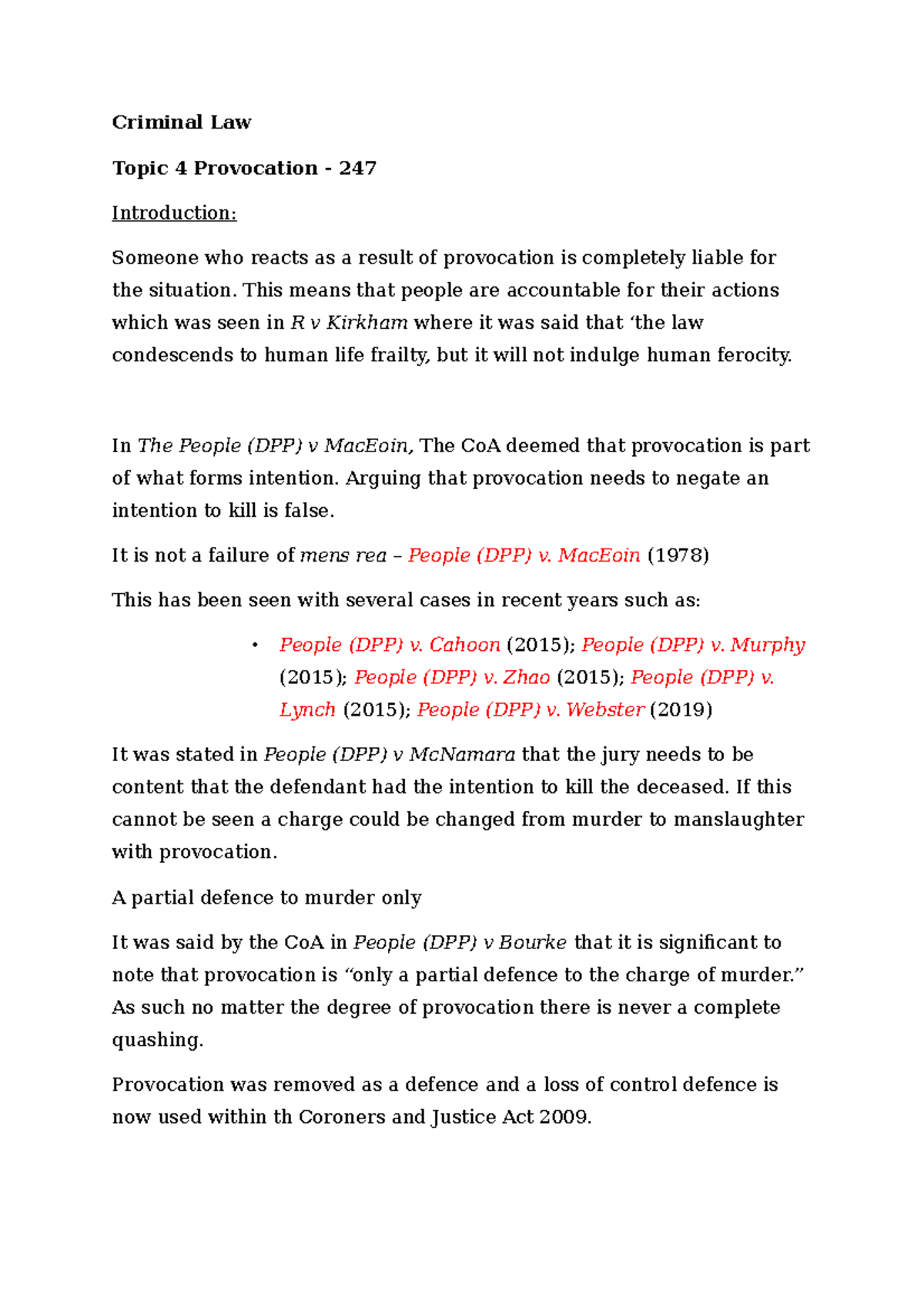 Topic 4 Provocation Notes - Criminal Law - Studocu