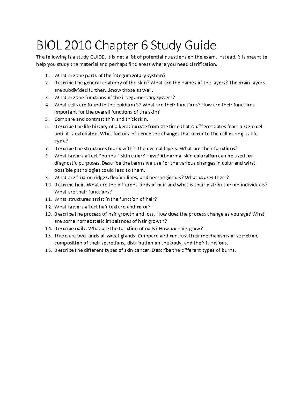 BIOL 2010 Chapter 6 Study Guide: Integumentary System Insights - Studocu