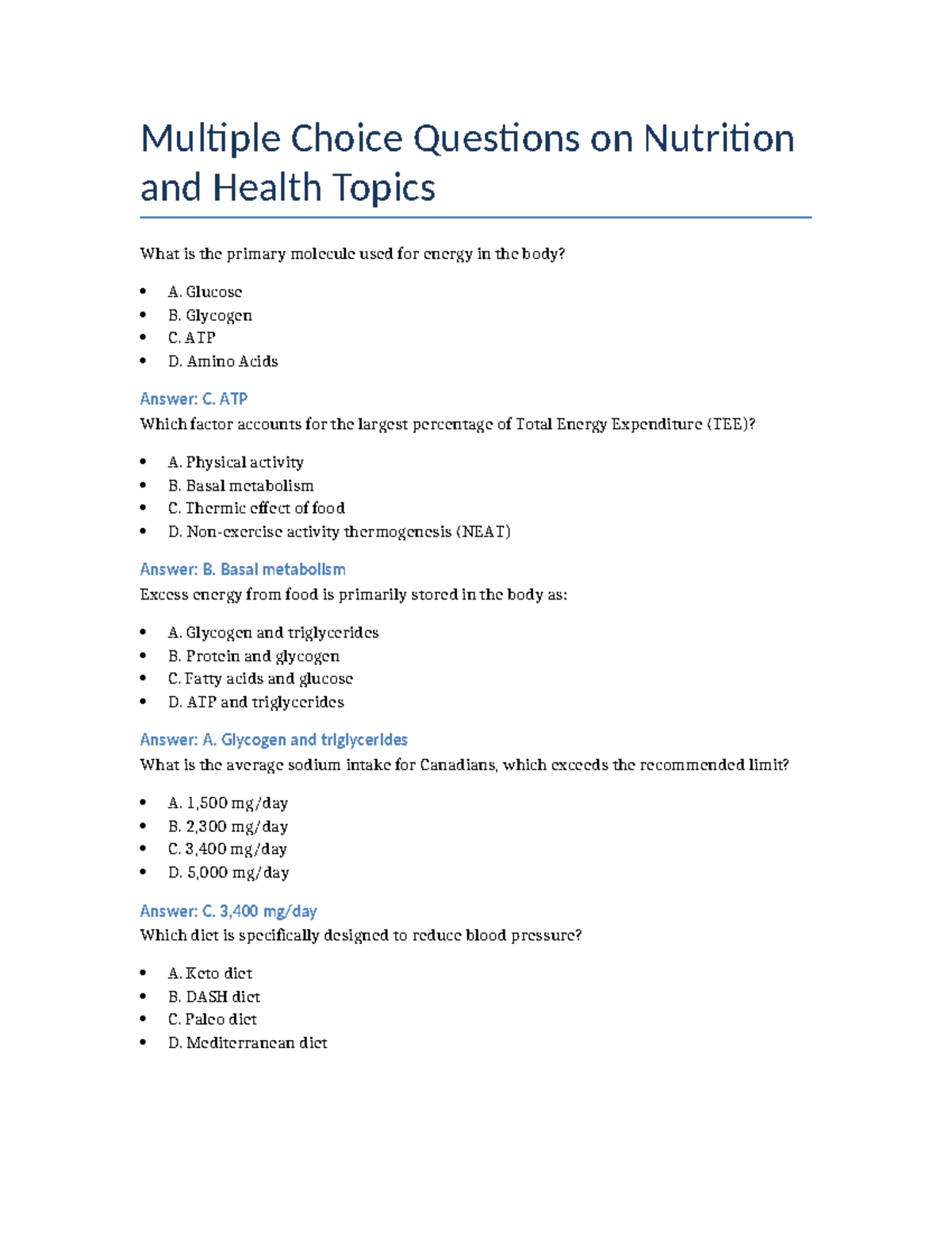 Nutrition MCQ Questions: Understanding Health & Energy Expenditure ...