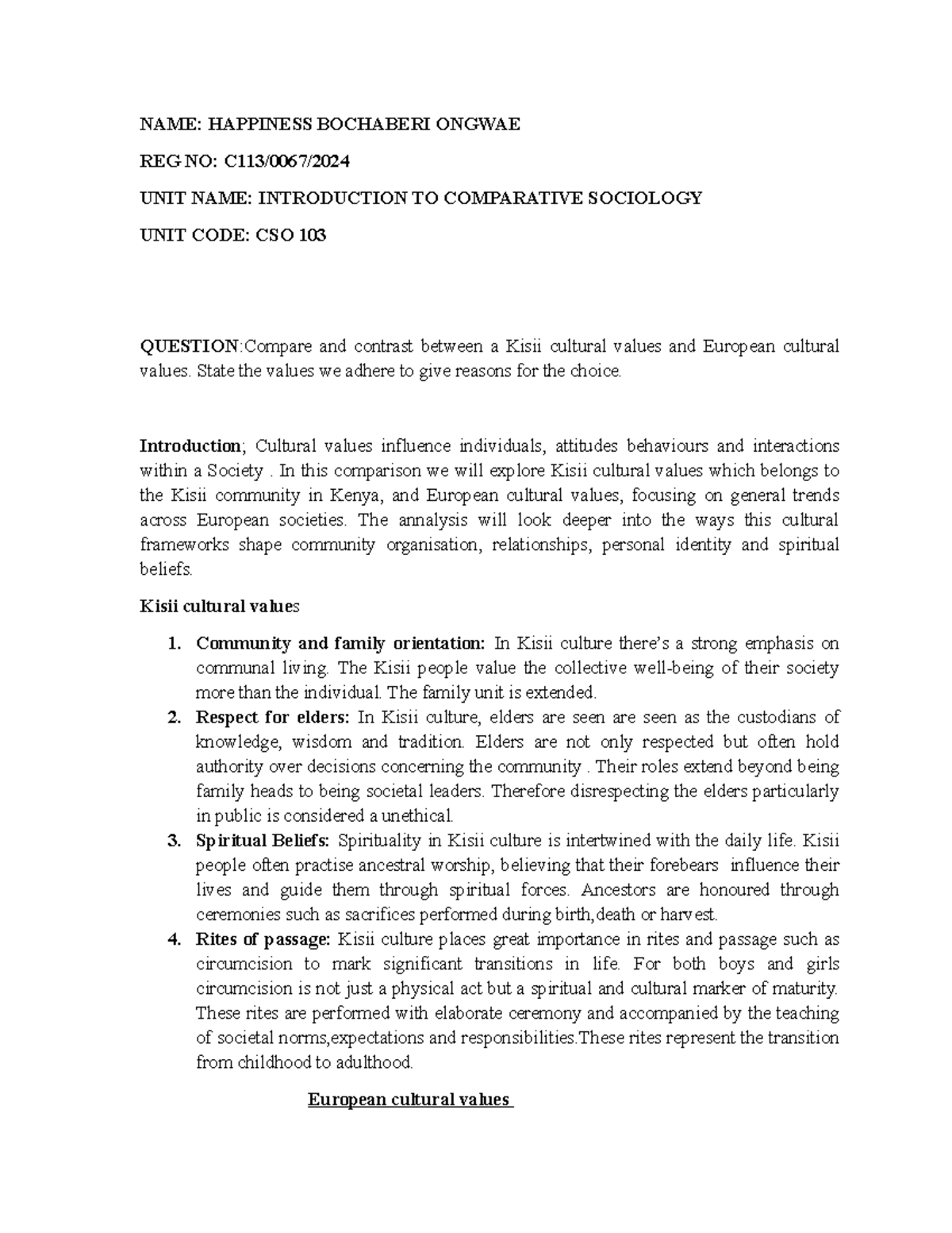 CSO 103: Comparative Analysis of Kisii and European Cultural Values ...