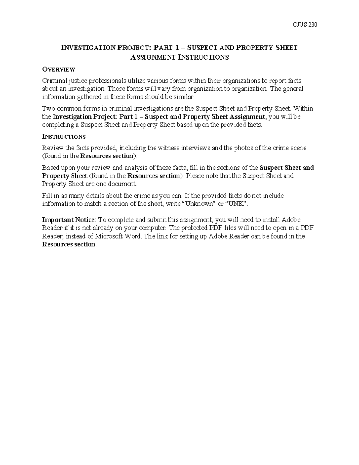 CJUS 230: Investigation Project Part 1 - Suspect & Property Sheet ...