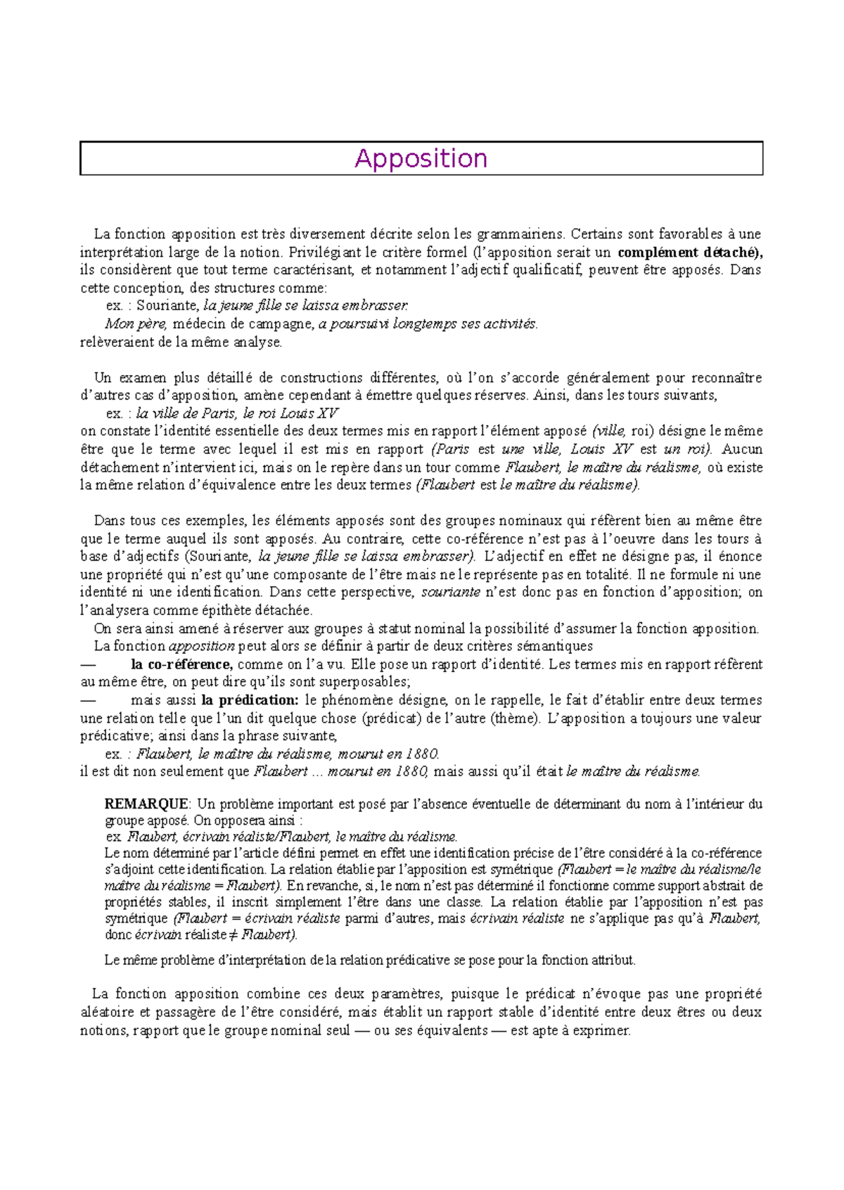 Apposition : Concepts et Structures - Cours de Grammaire - Studocu