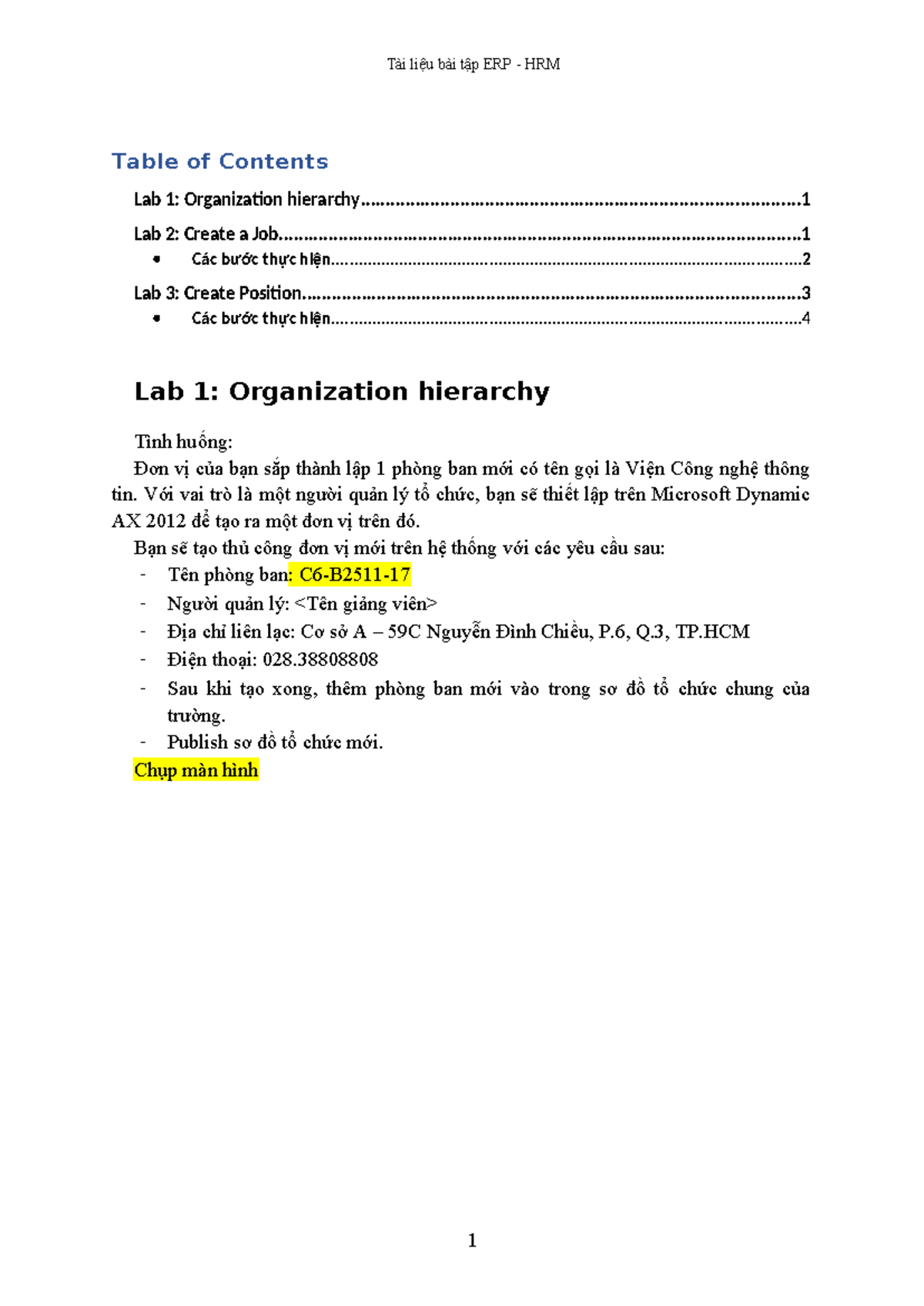 Bt lab 1234567 - Table of Contents Lab 1: Organization - Studocu