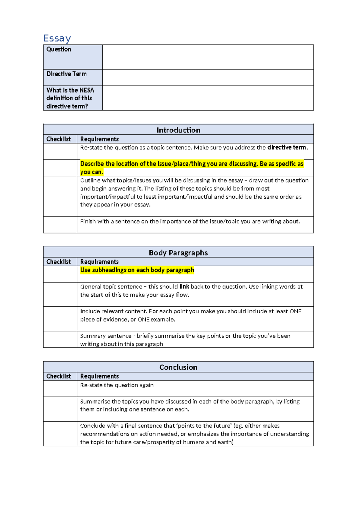 NESA Essay Scaffold: Directive Term Analysis and Structure Guide - Studocu