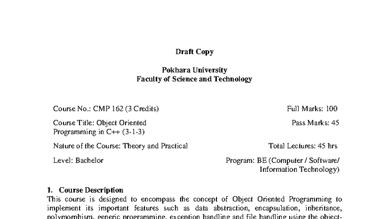 Revised Syllabus for CMP 162: Object Oriented Programming in C++ - Studocu