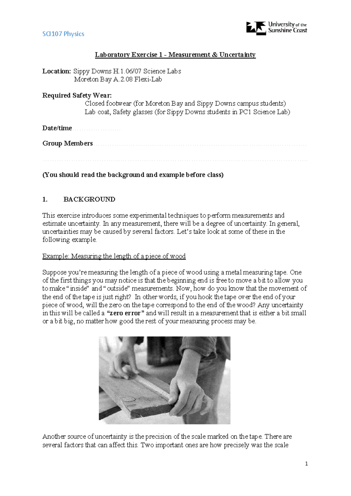 SCI107 Physics Lab Exercise 1: Measurement Uncertainty & Density Analysis - Studocu