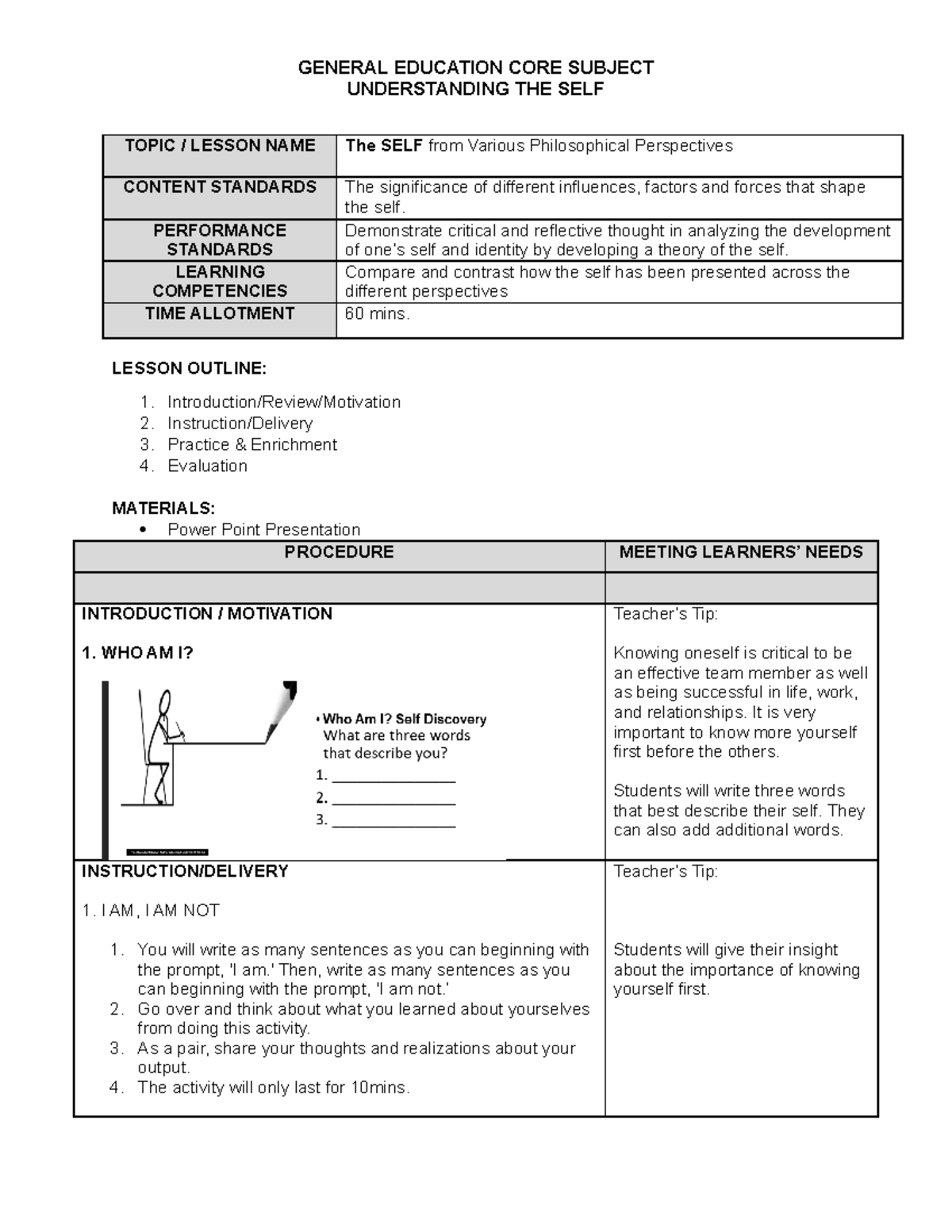 Understanding THE self lesson plan - UNDERSTANDING THE SELF TOPIC ...