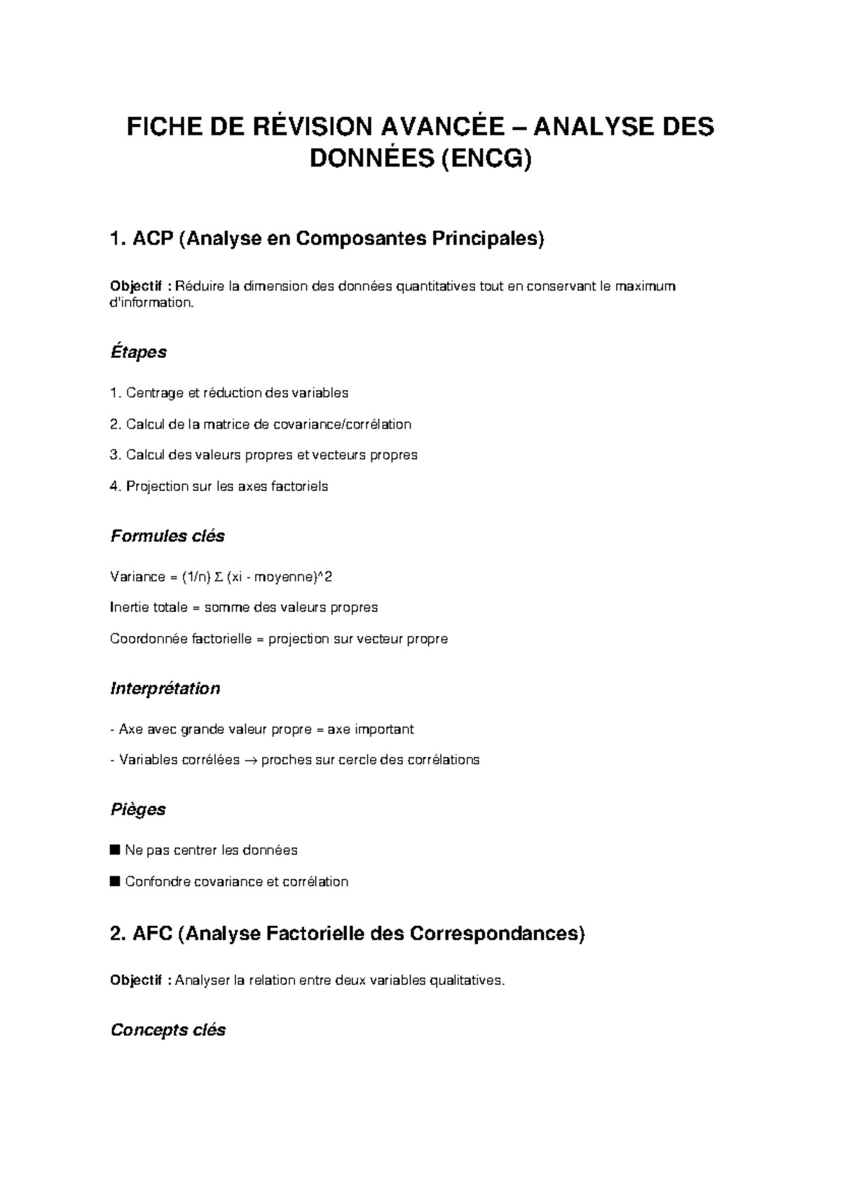 Révision Avancée Analyse des Données (ENCG) - ACP, AFC, Clustering ...