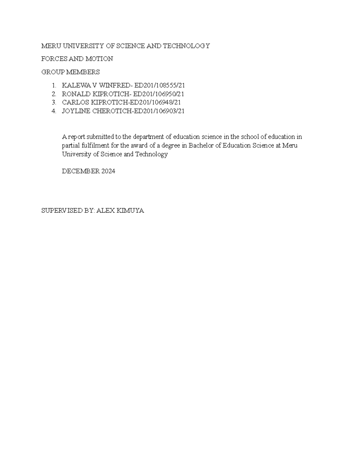 MUST 2024 Forces and Motion Practical Report: Group Analysis and ...