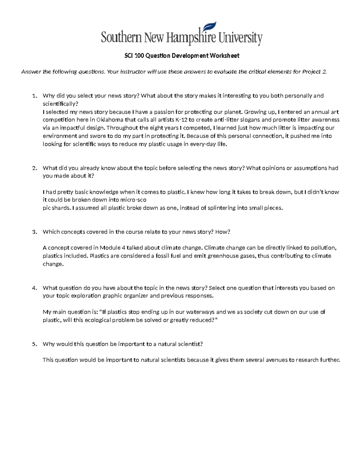 SCI 100 Project 2: News Story Question Development Worksheet - Studocu