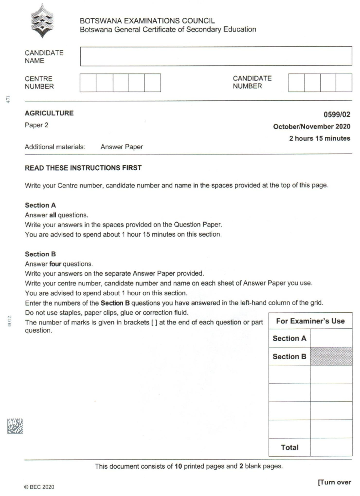 2020 BGCSE Agriculture Paper 2 Exam Questions and Guidelines - Studocu