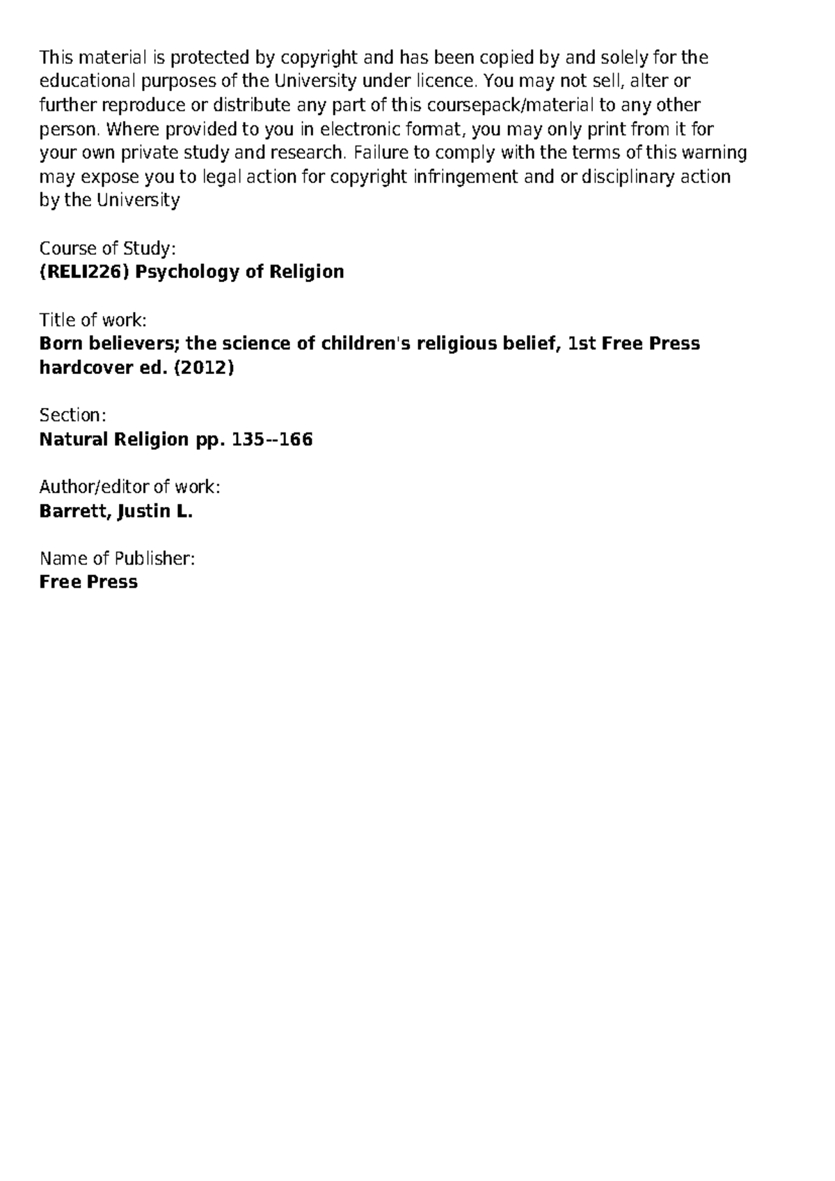 RELI226 Lecture Notes: Natural Religion in "Born Believers" (pp. 135 ...