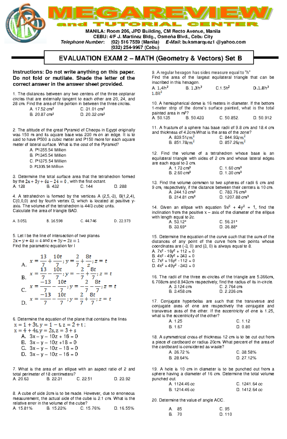 Mega Review: Geometry Vectors Evaluation Exam 2 - Set B - Studocu