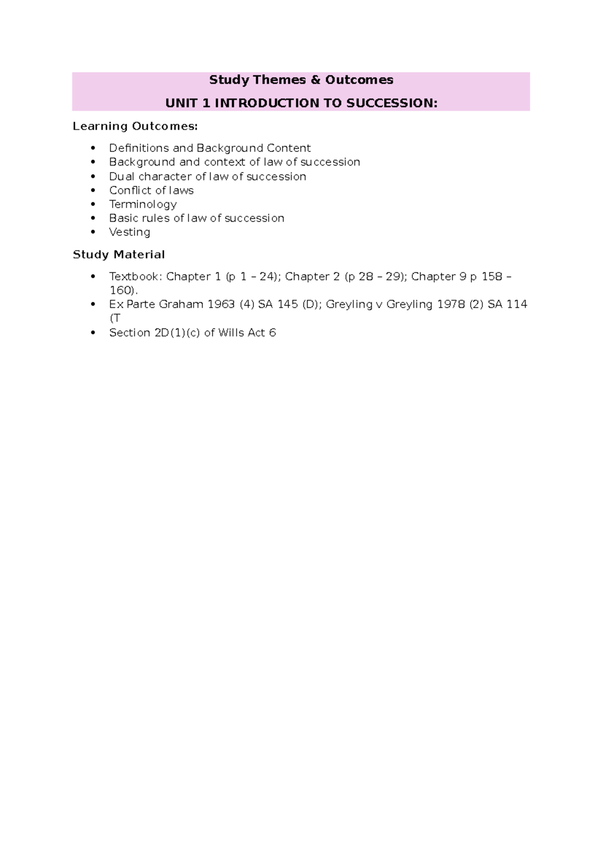 Succession Notes: Unit 1 - Introduction to Law of Succession - Studocu
