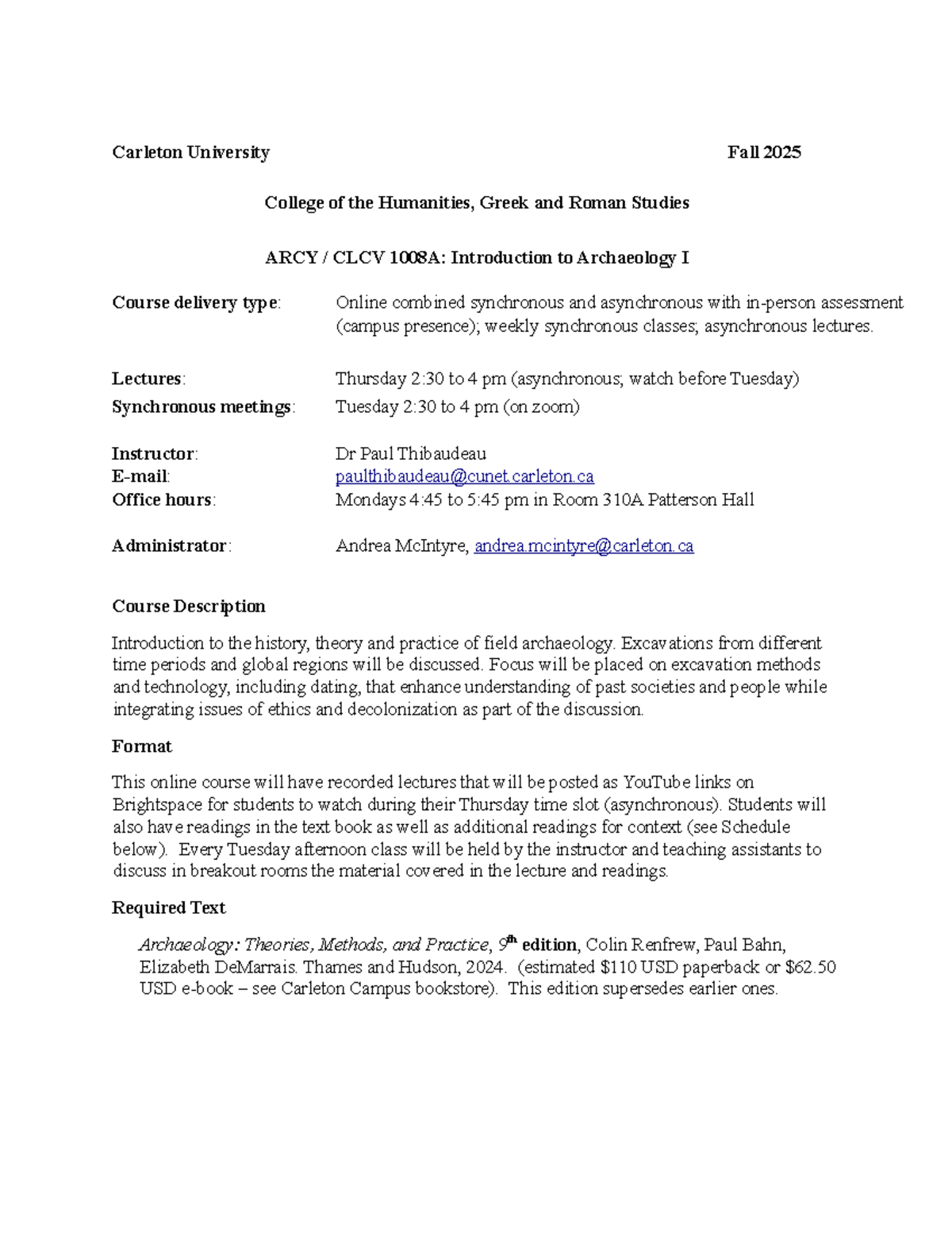 ARCY CLCV 1008A: Intro to Archaeology I - Fall 2025 Course Overview ...