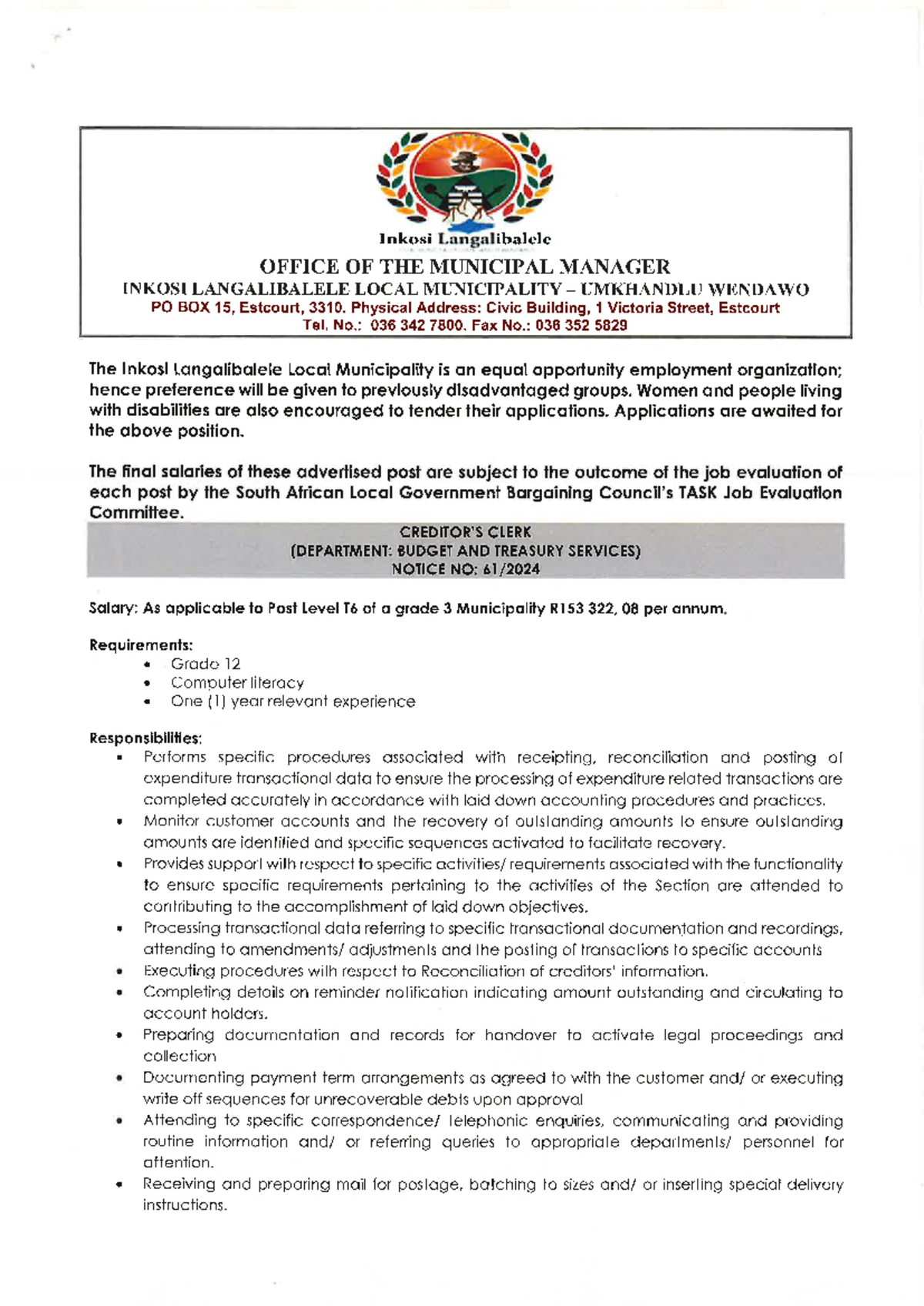 Advert for Creditors Clerk and Payroll Clerk Positions at Inkosi ...