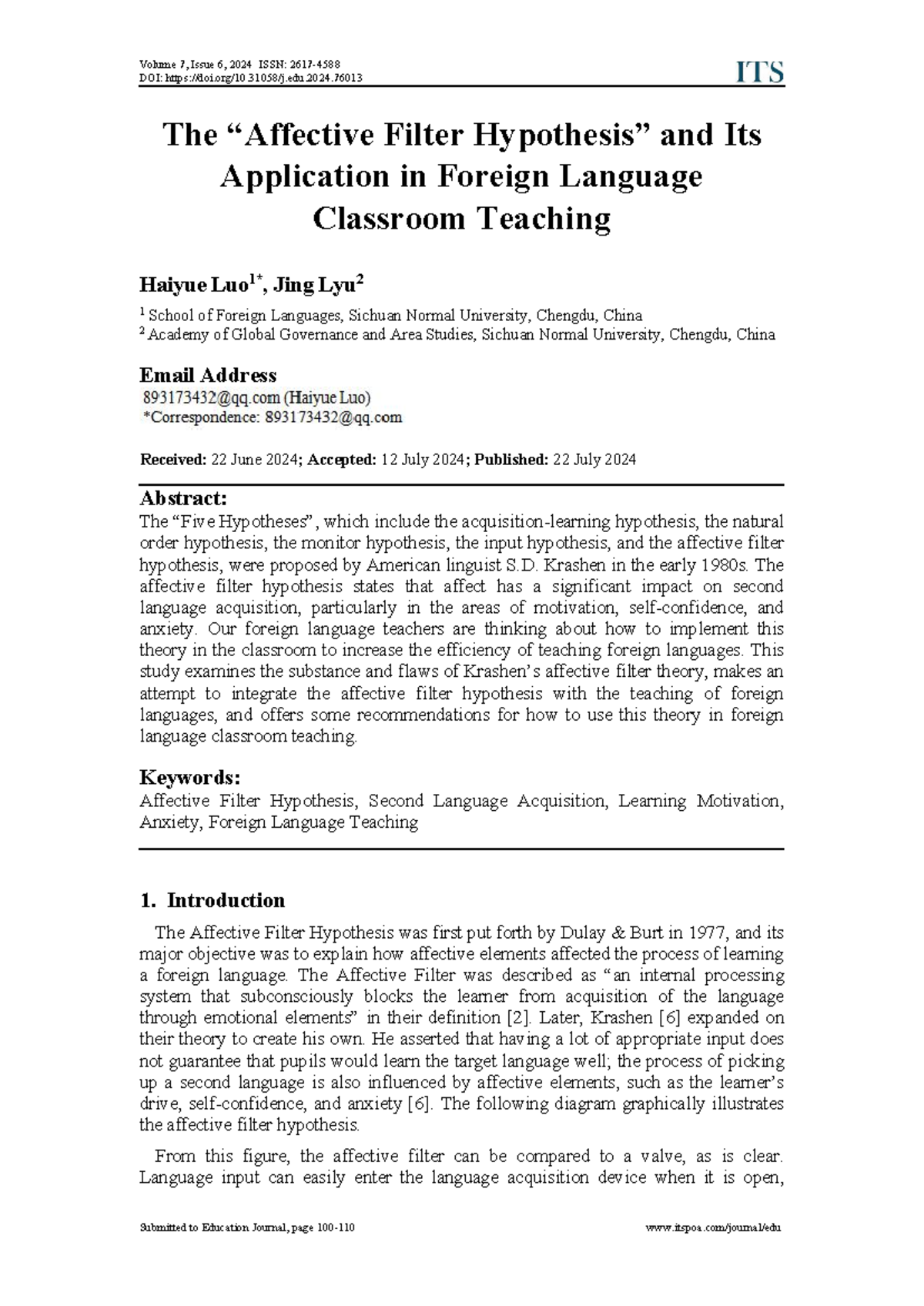 The Affective Filter Hypothesis and Its Role in FL Teaching (EDU 2024 ...