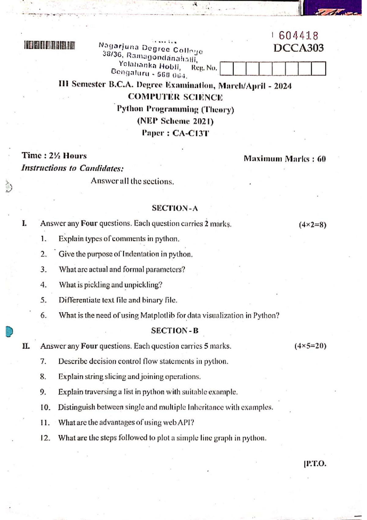 DCCA303 Python Programming Previous Year Exam Paper 2024 - Studocu