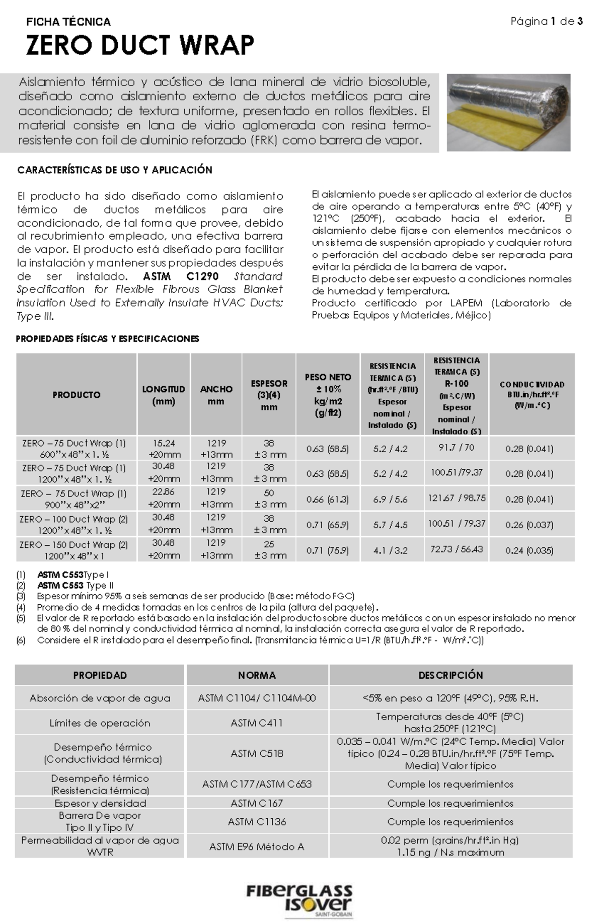 Ficha Tecnica LANA Fiberglass - Página 1 de 3 . ZERO DUCT WRAP FICHA ...